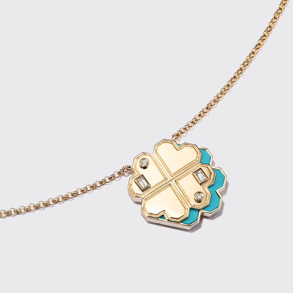 TURQUOISE YELLOW GOLD CLOVER LEAF NECKLACE – Boochier