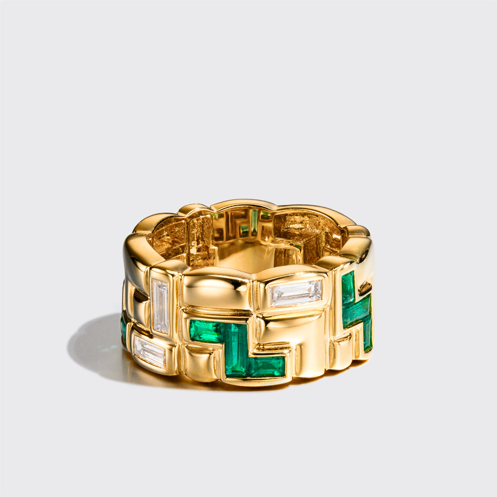 YELLOW GOLD HALF EMERALD AND DIAMOND ARCADE RING – Boochier